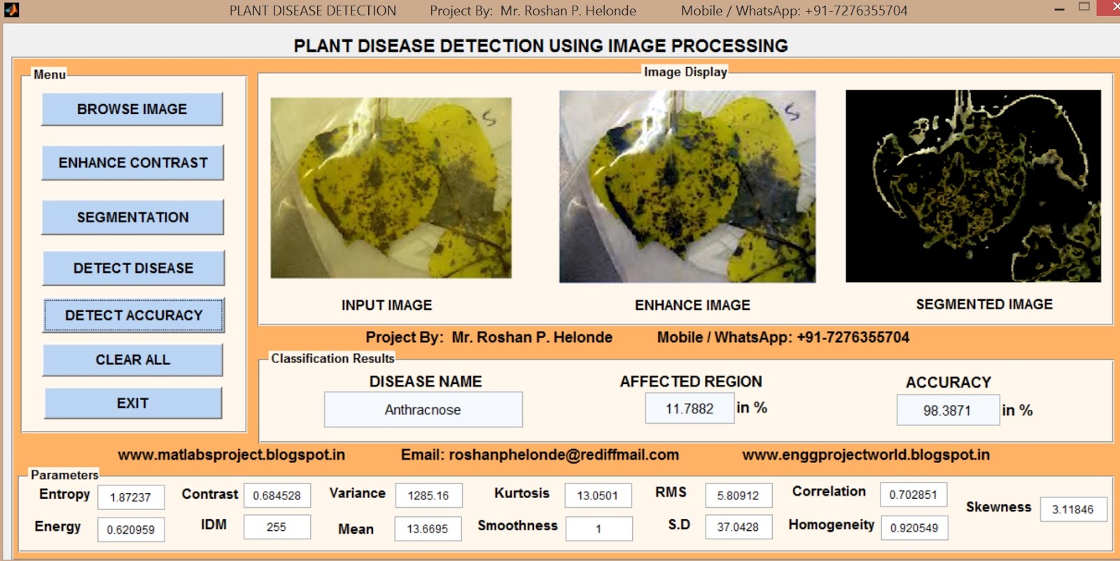Matlab Project For Plant Disease Detection And Classification On Leaf