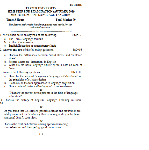 TEZPUR UNIVERSITY (TU/CODL) SEMESTER END MEG 204: ENGLISH LANGUAGE ...