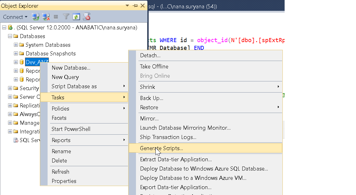 Cara membuat Script dari SP atau Tabel yang sudah terbentuk di Database ...