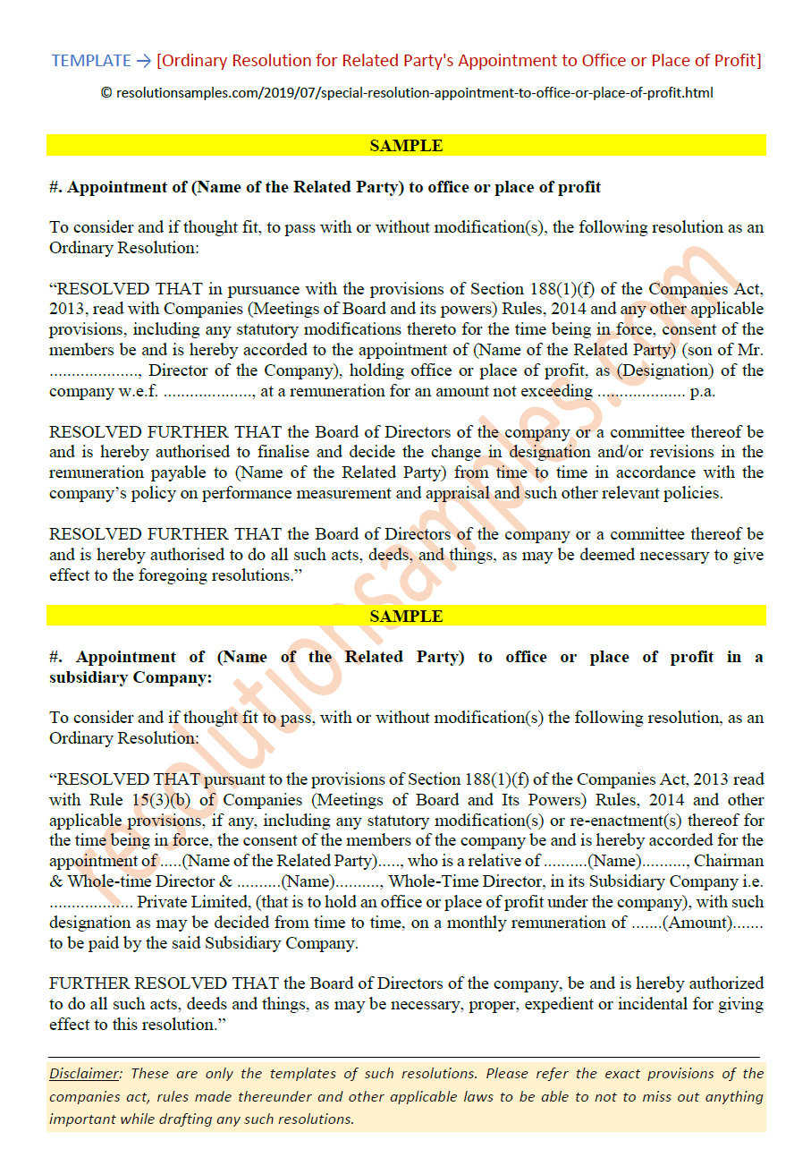 Resolution Related Party Appointment to Office or Place of Profit