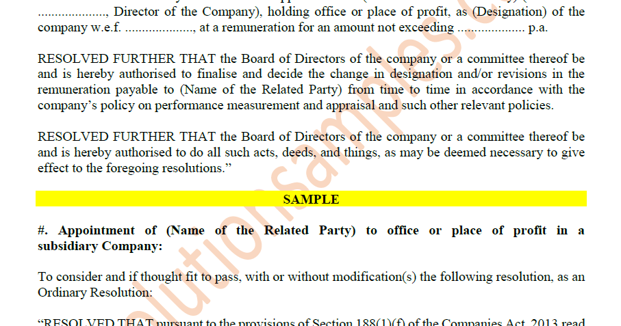 Resolution Related Party Appointment to Office or Place of Profit