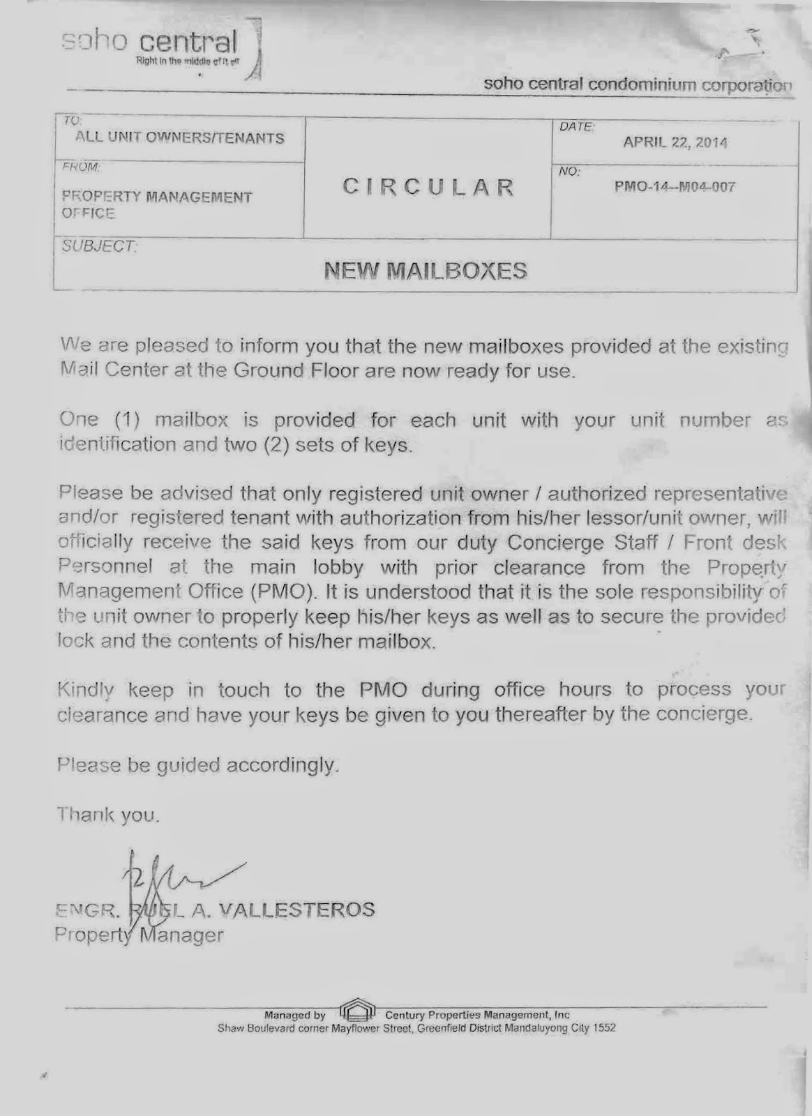 Soho Central Condominium: Mailbox Keys and the Circular