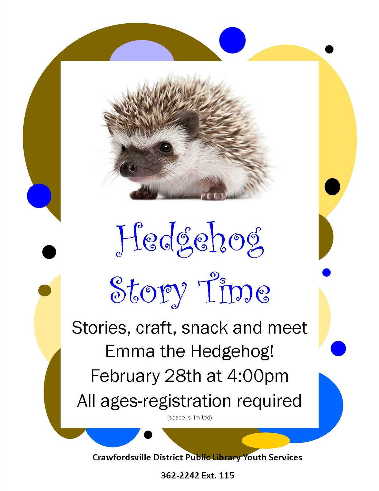 CDPL Children's Services: Hedgehog Story Time! Meet Emma the Hedgehog!