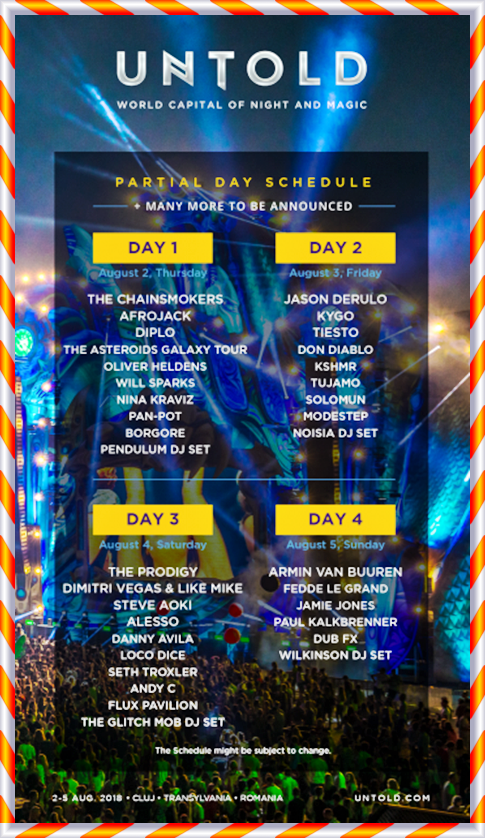 UNTOLD 2018 PROGRAM - LINEUP - pe zile, Artisti, Locatie.