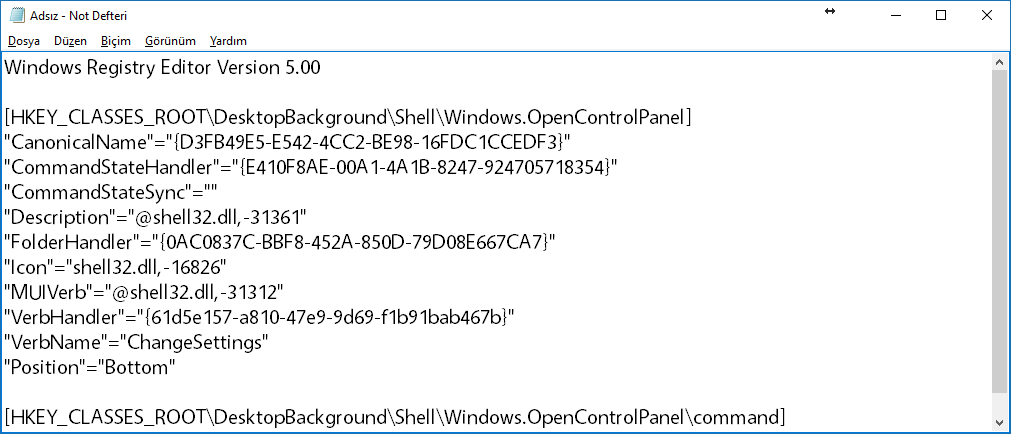 Windows 10'da Açık Ayarlar Bağlam Menüsü Ekle