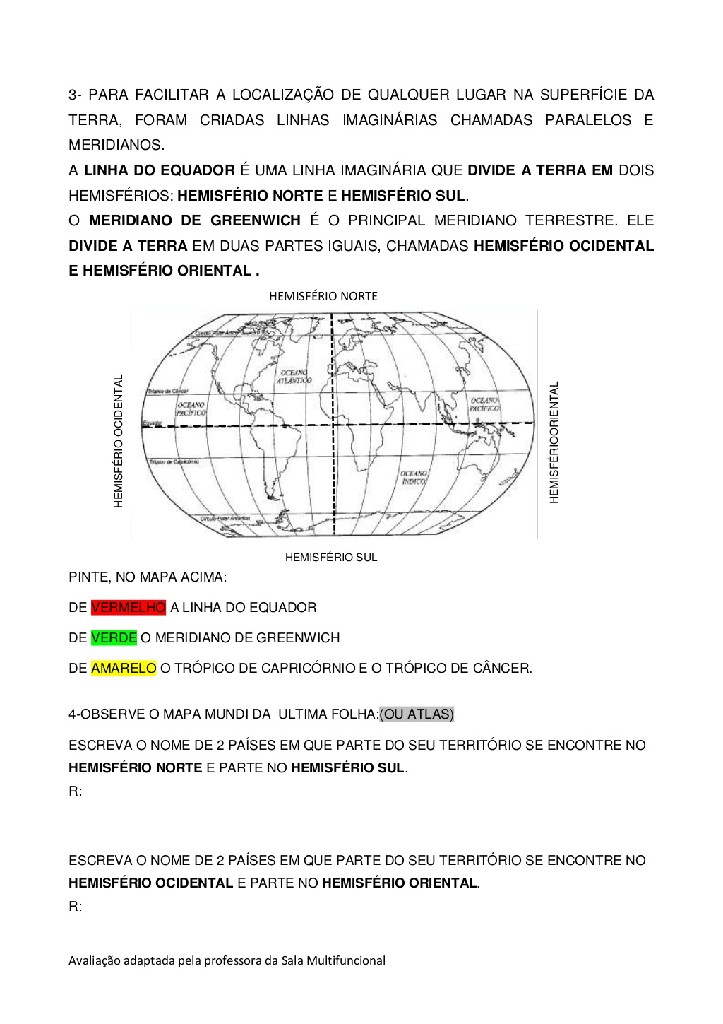 Avaliação De Geografia Sobre Continentes Oceanos Hemisférios E Mapas