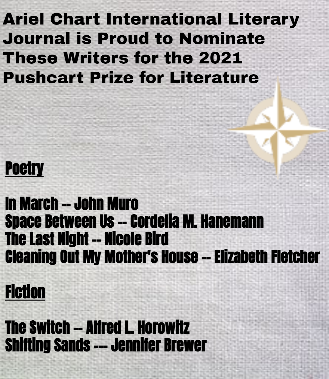 Ariel Chart 2021 Pushcart Prize for Literature Nominations