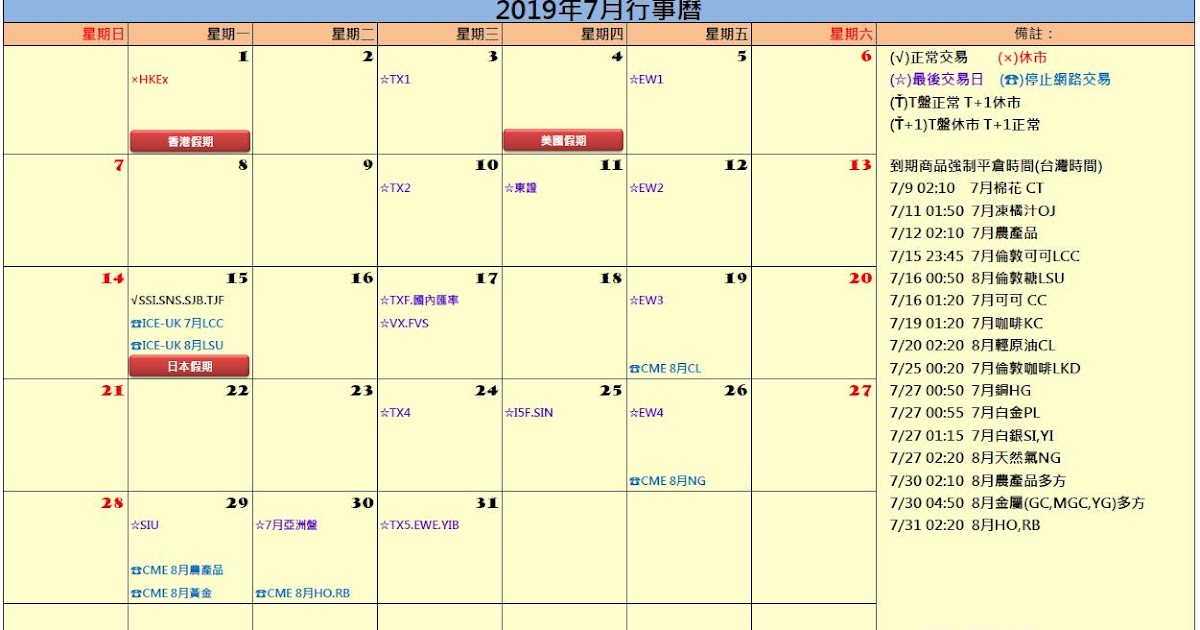 國際行事曆2019年07月_元大行事曆 ~ 元大期貨營業員 賴俊百