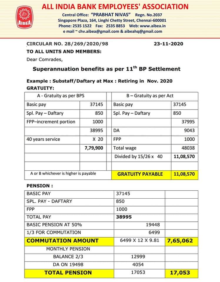 AIBEA Circular on Superannuation Benefits as per 11th BPS - Banker Kumar
