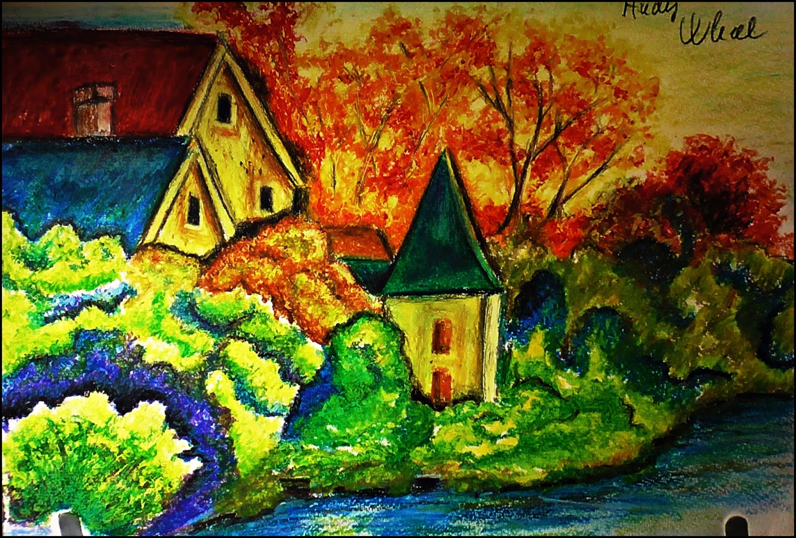 Andy Wheel: Tájkép #20 - házak a fák között (olajpasztell)