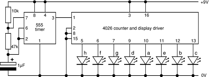 8 Random Flashing LEDs using 555timer Circuit Diagram
