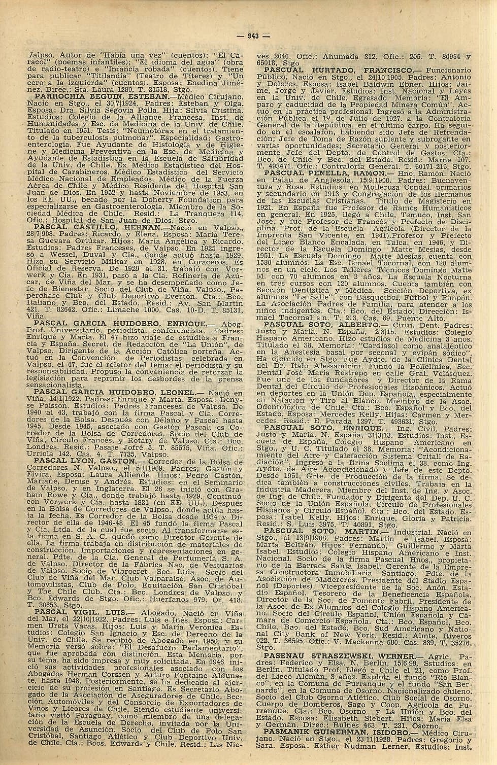 Diccionario Biográfico de Chile 9a Edición 1953: 943 PARROCHIA PASCAL ...