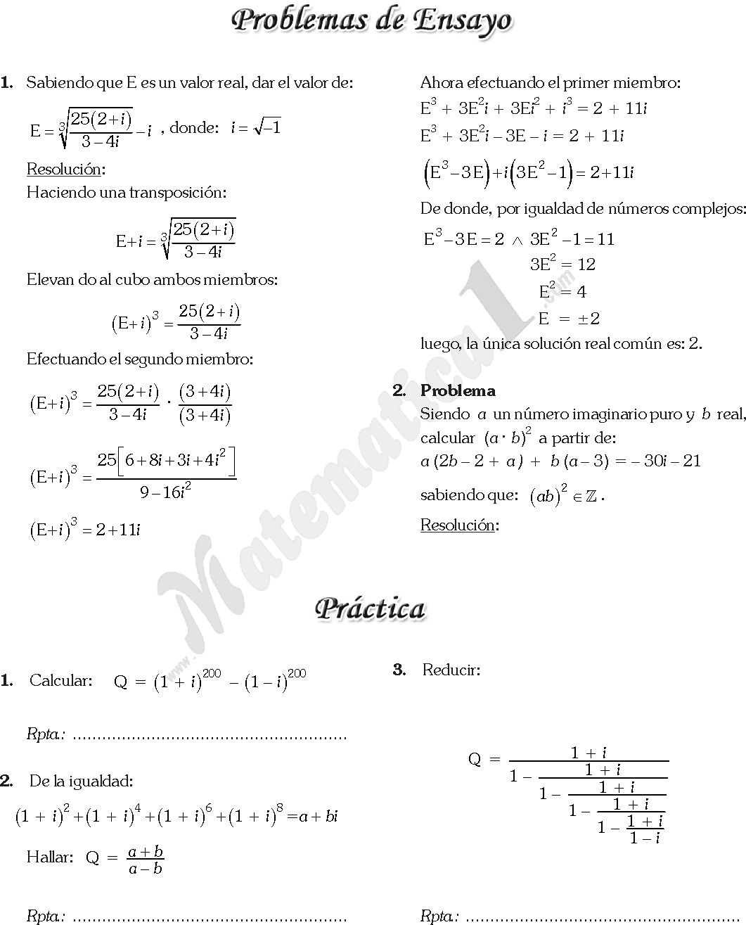 NUMEROS COMPLEJOS EJERCICIOS RESUELTOS DE SECUNDARIA Y ...