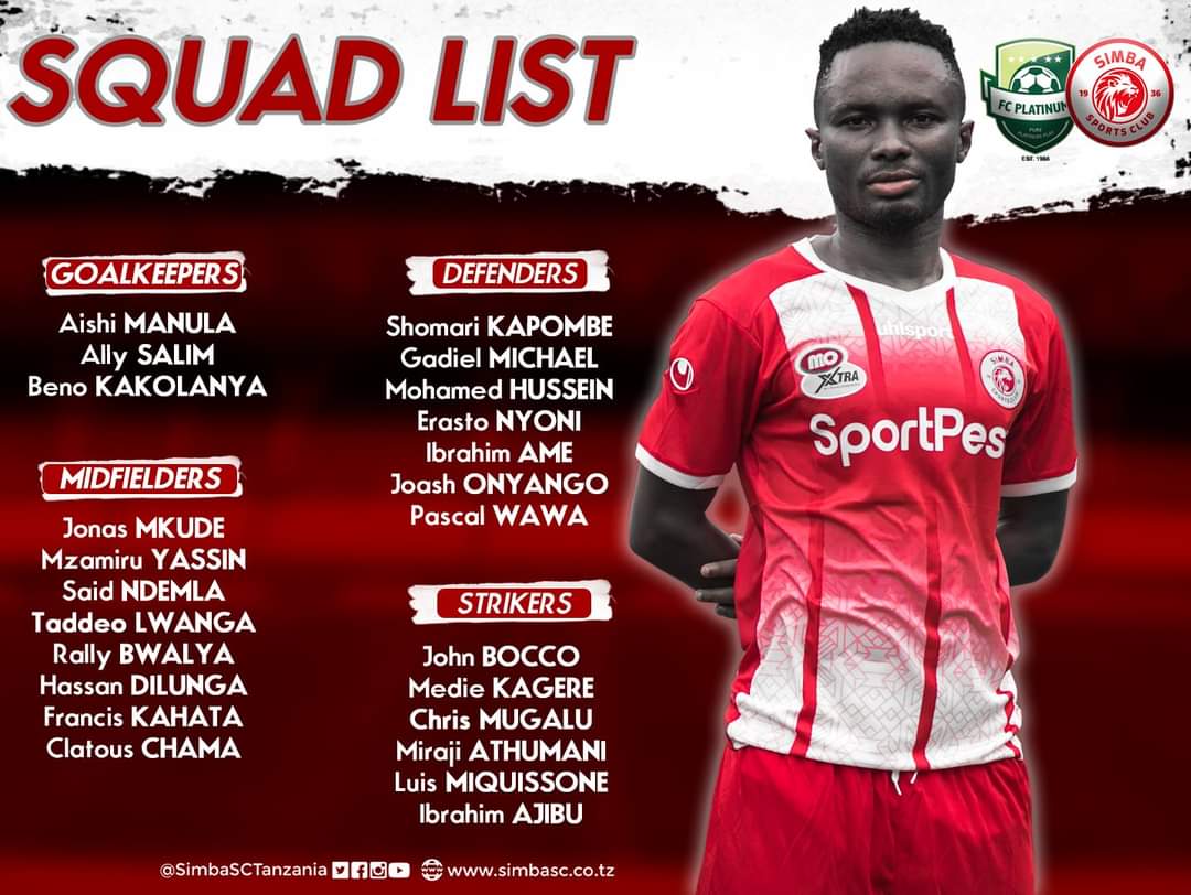 MAX SPORTS: SIMBA SPORTS CLUB SQUAD LIST VS. FC PLATINUM