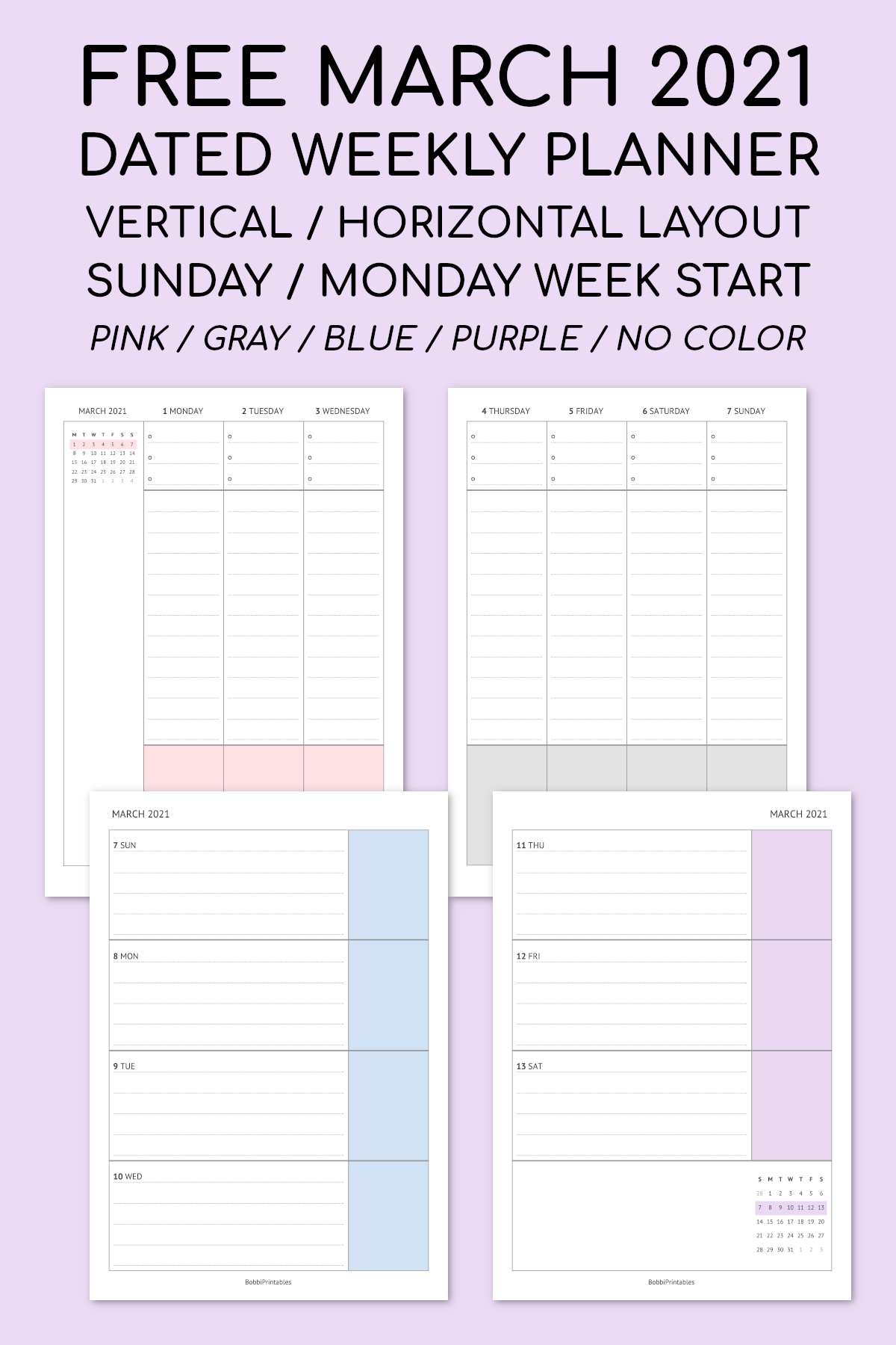Printable March 2021 Weekly Planners - Week on Two Pages