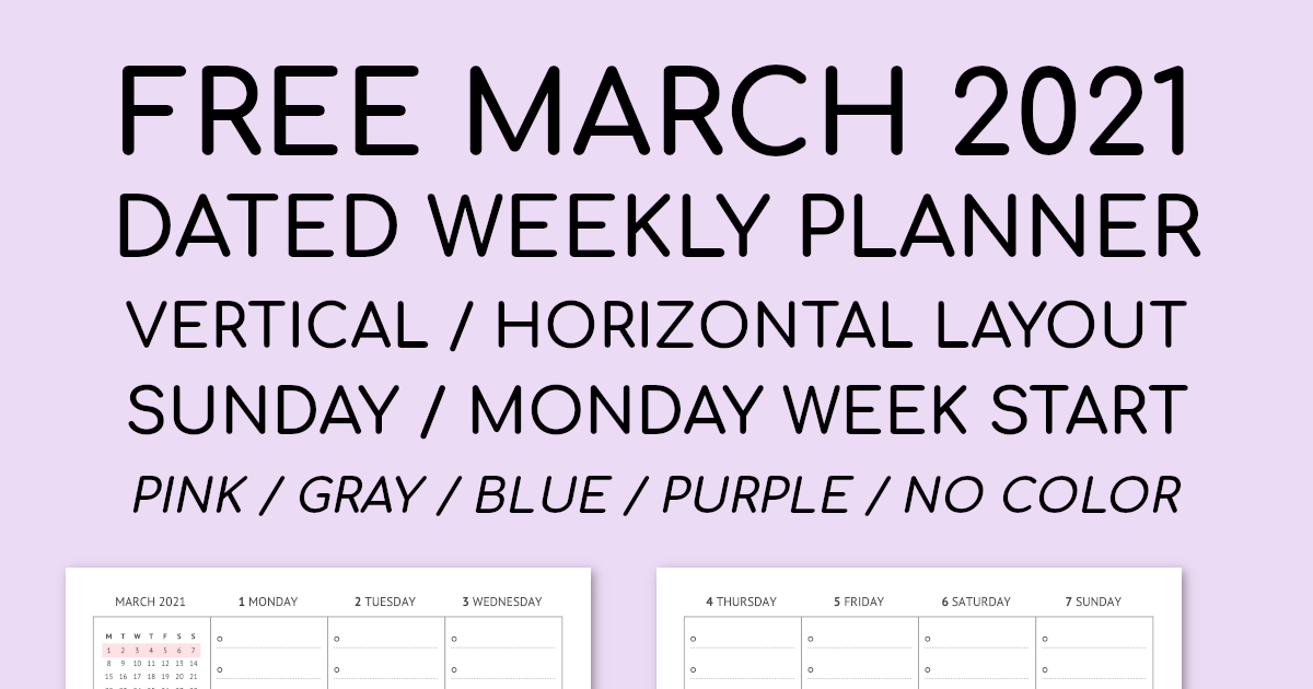 Printable March 2021 Weekly Planners - Week on Two Pages