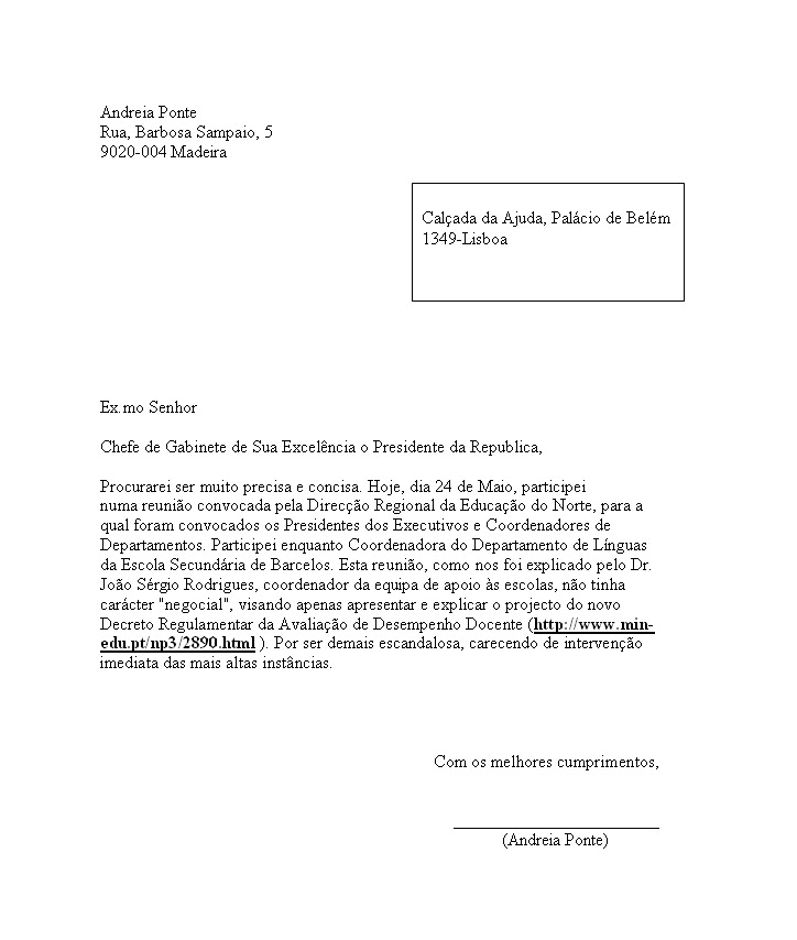 GRH Andreia: Carta Dirigida ao Presidente da Republica GRH Andreia: Carta Dirigida ao Presidente da Republica