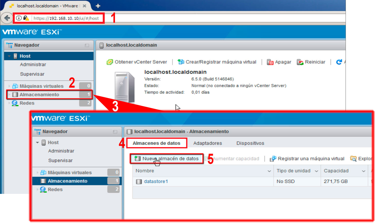 Pantallazos.es: vmware 6.5.0: Agregar un nuevo Datastore a un Host.