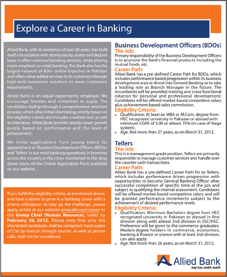 ADVERTISED JOBS ON NEWSPAPERS DAWN JANG EXPRESS: ALLIED BANK JOBS FOR ...