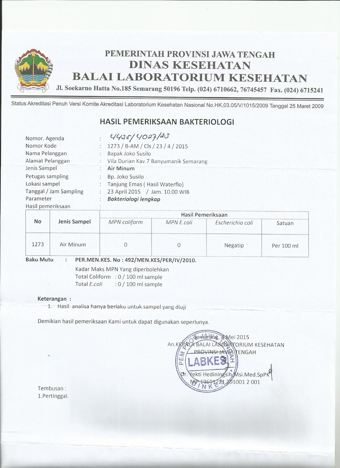 Testimoni dan hasil uji lab ~ Sumber Air Sendiri