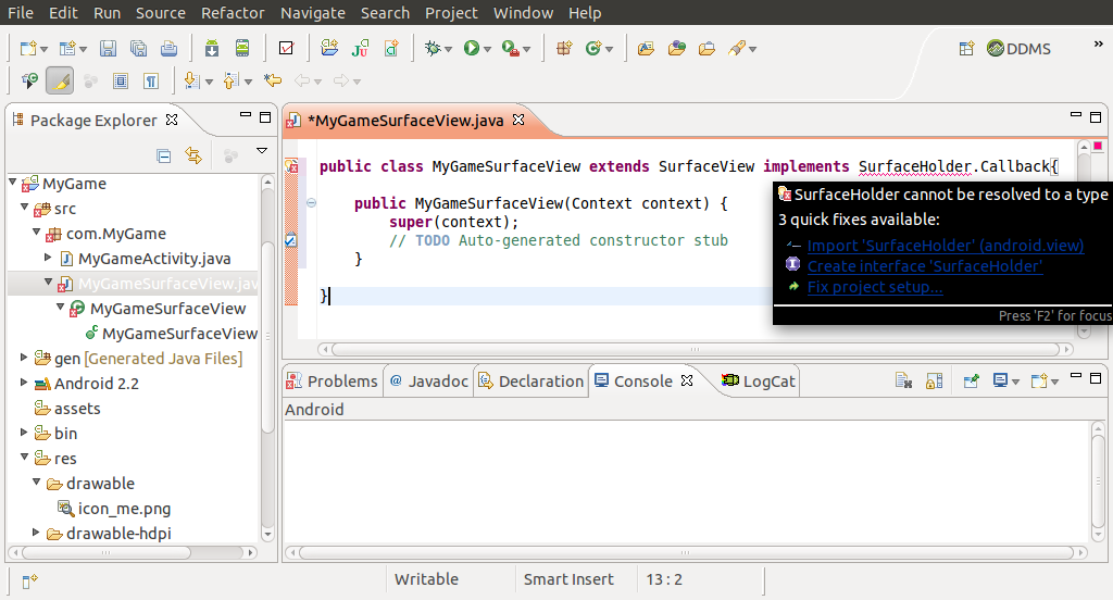 Android Coding: Create SurfaceView for our game