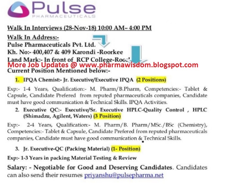 Pulse Pharmaceuticals - Walk-In Interviews for Multiple Positions on 28th Nov' 2018 - PHARMA WISDOM