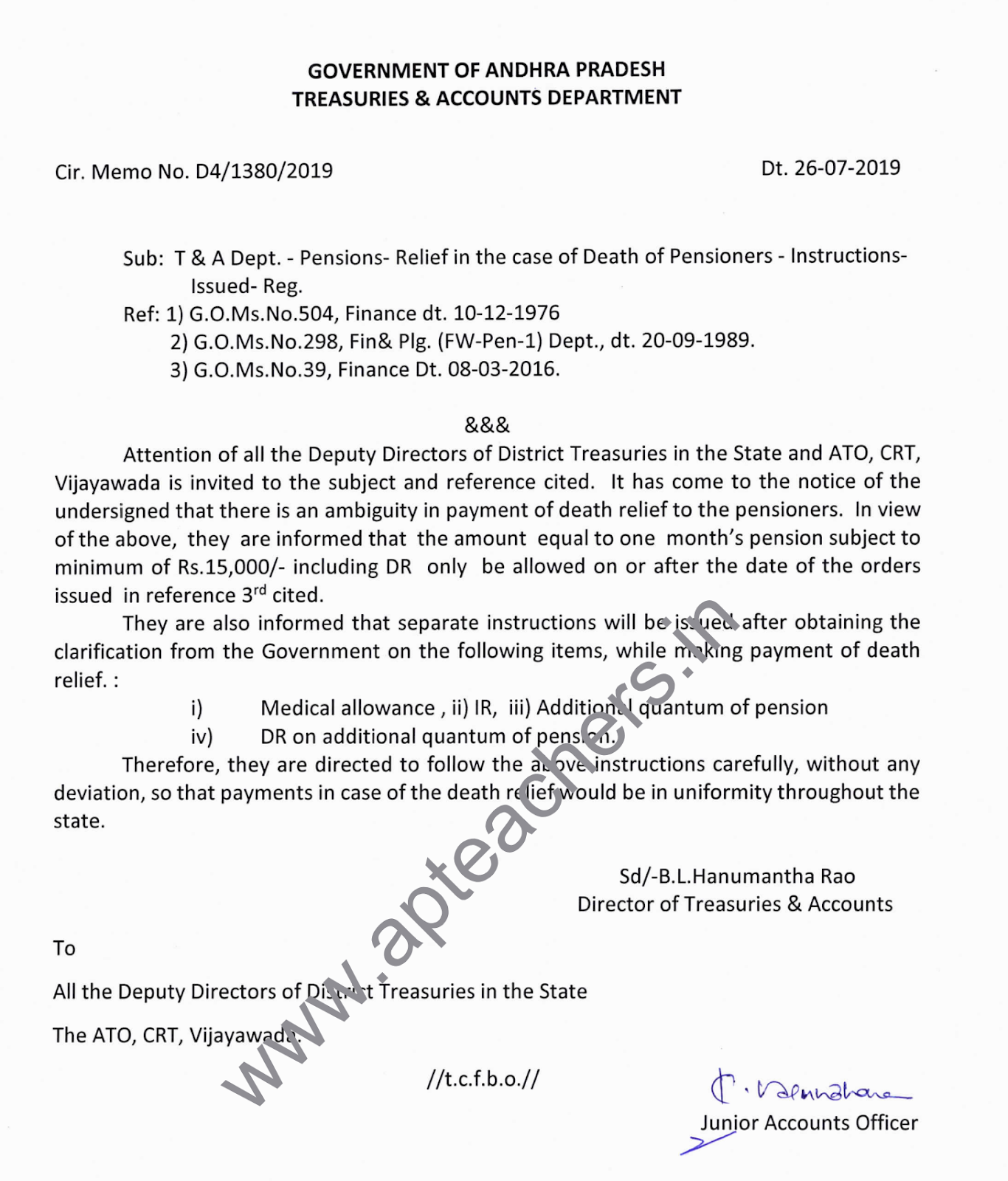 Pensioners Death Relief Rs 15000 Instructions Guidelines Memo D4/1380 ...