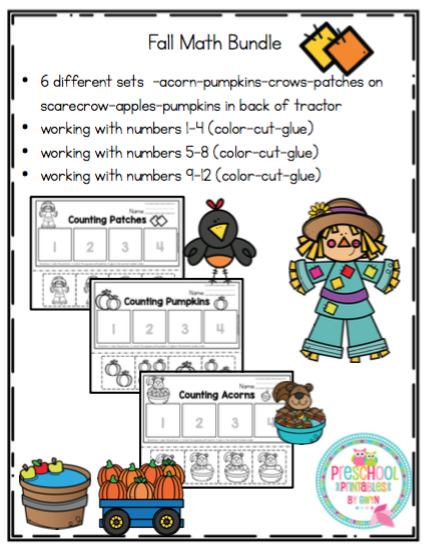Fall Math Bundle (color-cut-glue) ~ Preschool Printables