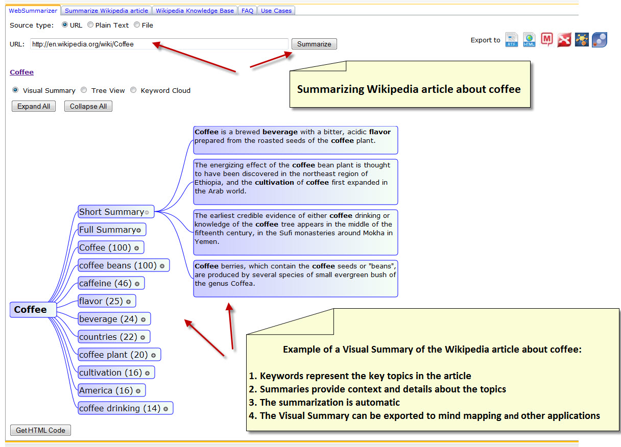 WebSummarizer: Creating mind maps with WebSummarizer