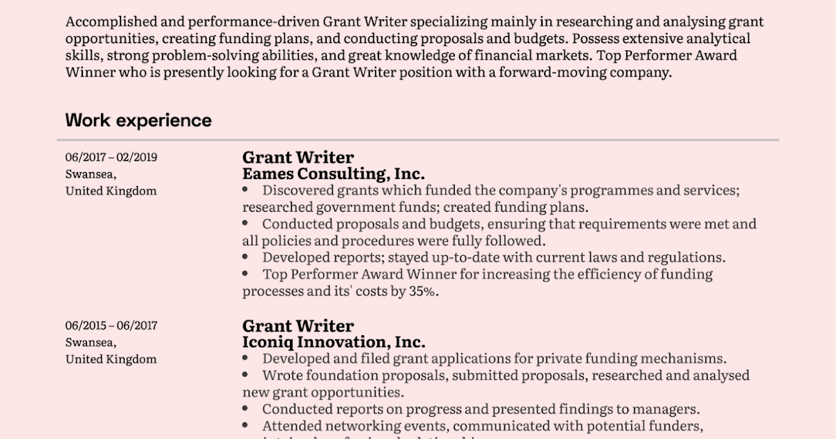Sample Grant Writer Resume ~ Resume Letter