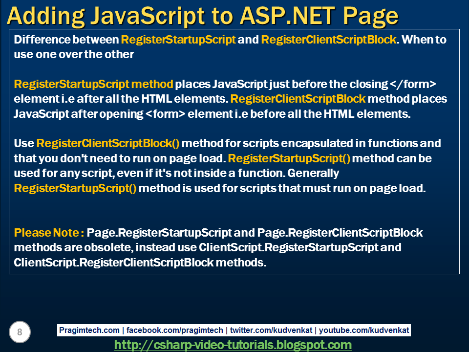 Sql server, .net and c# video tutorial: RegisterStartupScript and RegisterClientScriptBlock methods