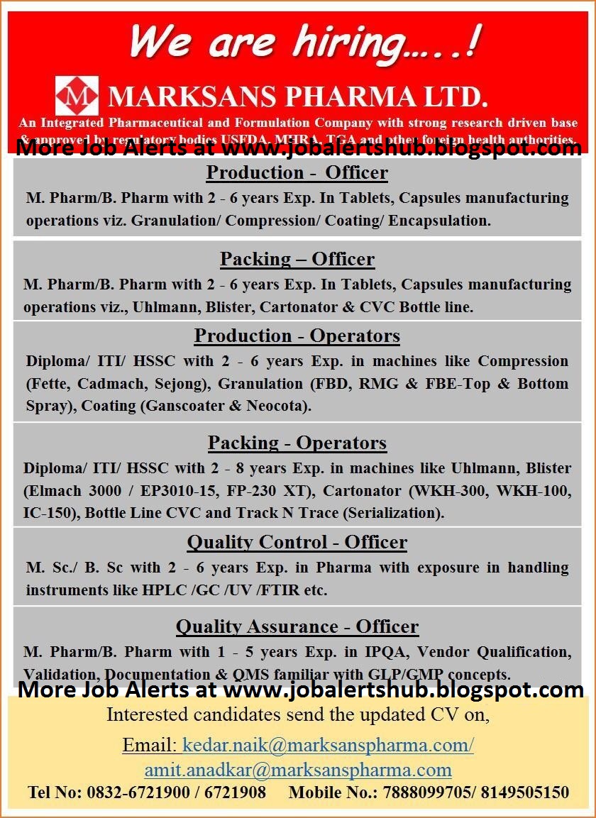 MARKSANS PHARMA LTD - Urgent Openings for Production / Packing / QC / QA - JOB ALERTS HUB