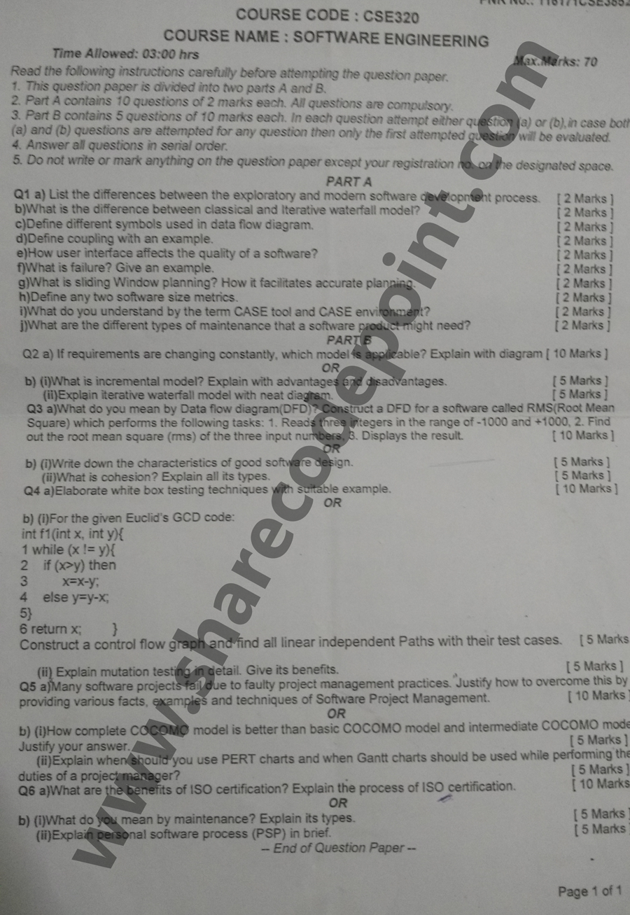 Cse320 Software Engineering End Term Exam Question Paper Cse 320
