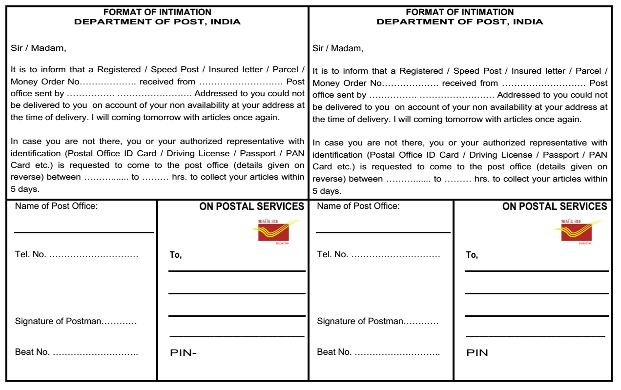Format Of Intimation For Registered Speed Post Insured Letter Parcel Format Of Intimation For Registered Speed Post Insured Letter Parcel