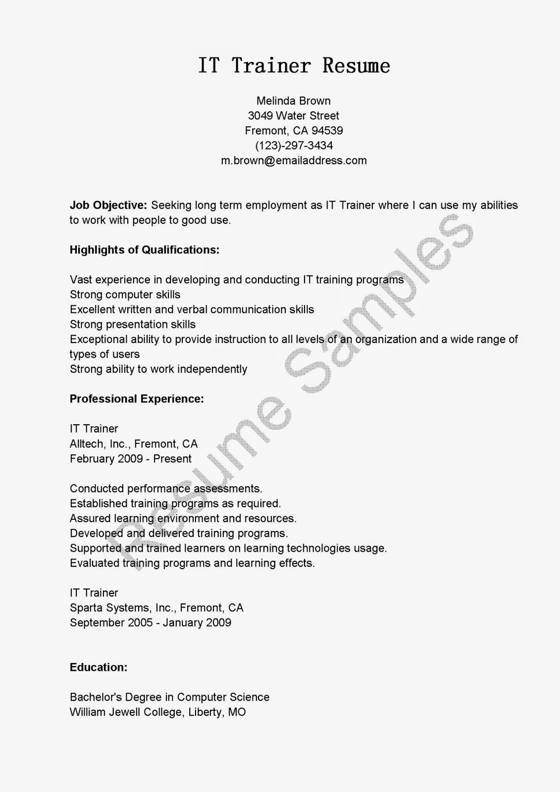 Resume Samples: IT Trainer Resume Sample