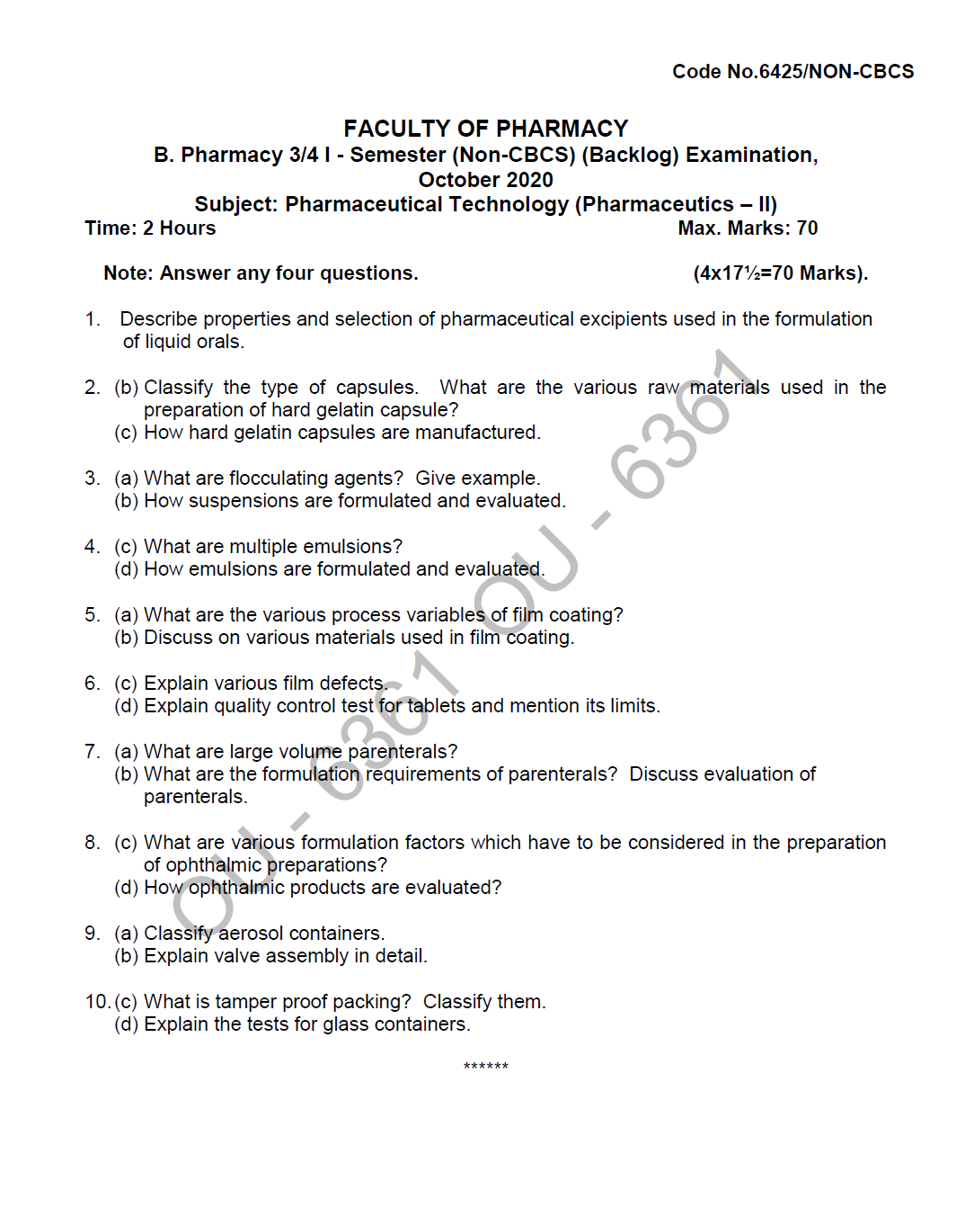 Osmania University B. Pharmacy 3/4 I - Semester (NON-CBCS) (Backlog ...