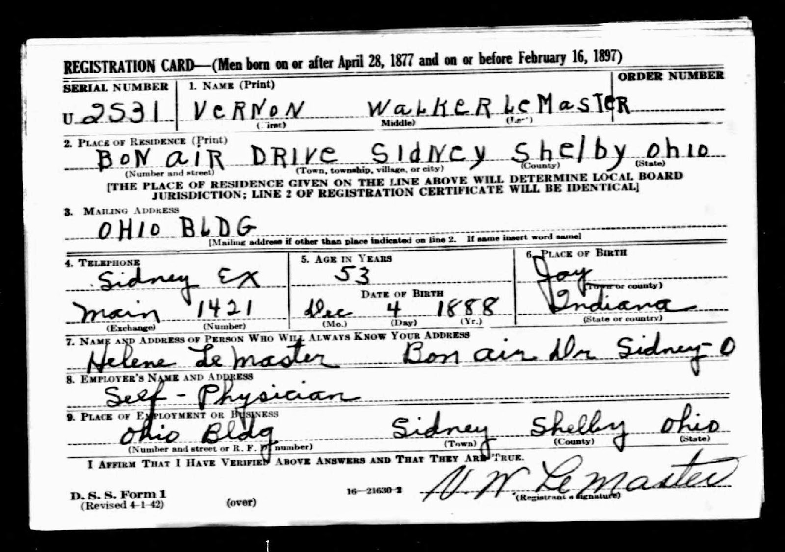 Military Monday : Vernon Walker LeMaster, World War II Draft ...