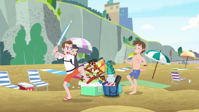 Shirtless Drawn Cartoon Boys: Pierce Pocket at the Beach