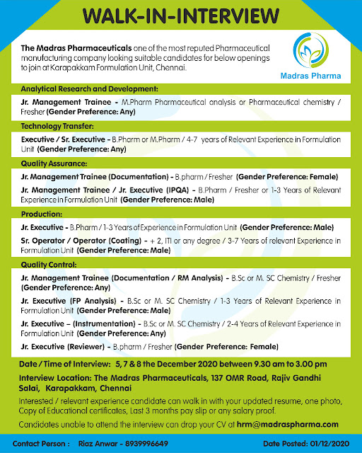 Madras Pharmaceuticals - Walk-In Interviews for Freshers & Experienced ...