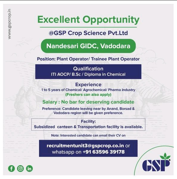 GSP Crop Science Vadodara jobs for Production apply now