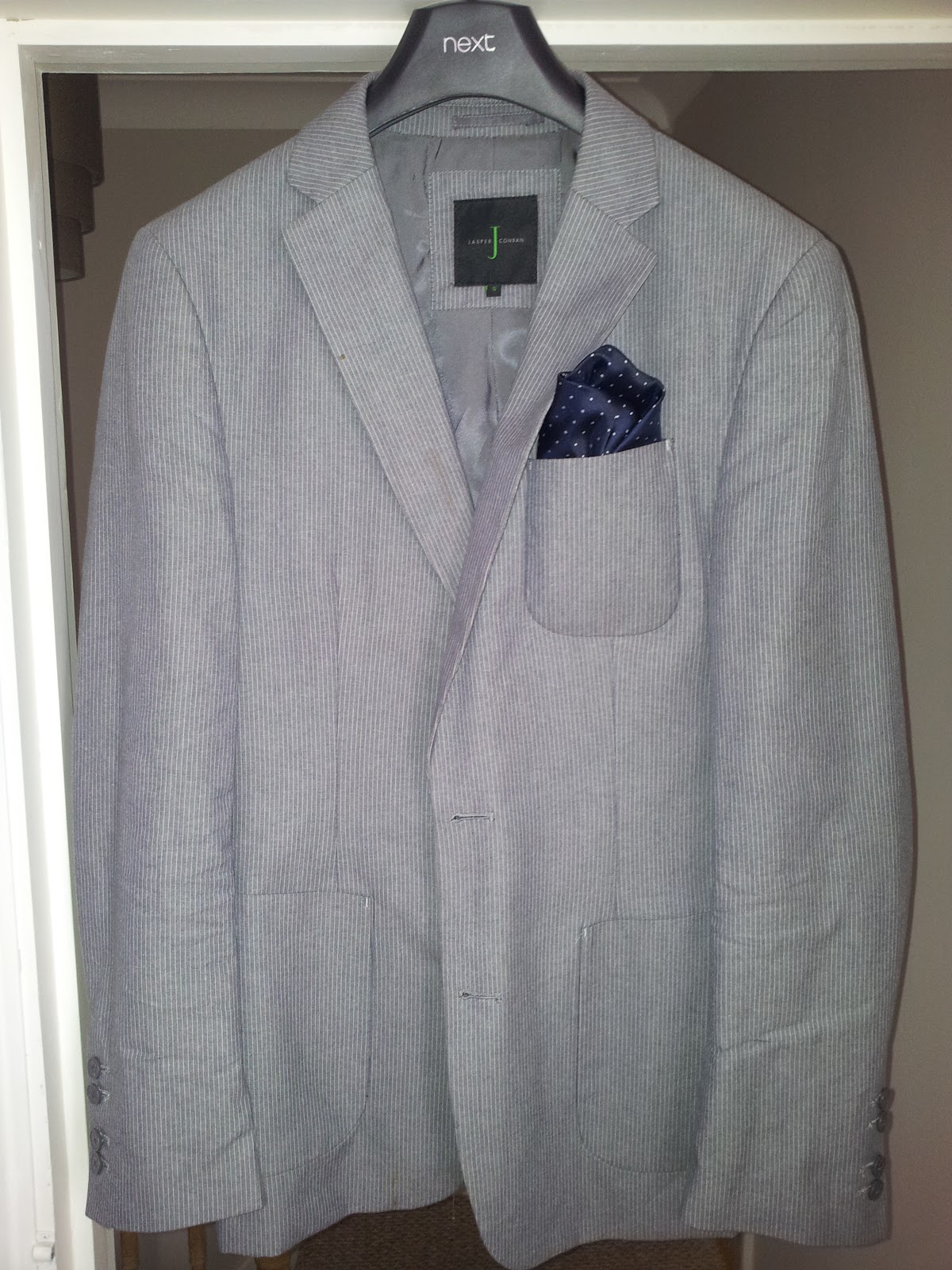 Daily Blazer: Pinstripe Blazer With Polka Dot Handkerchief