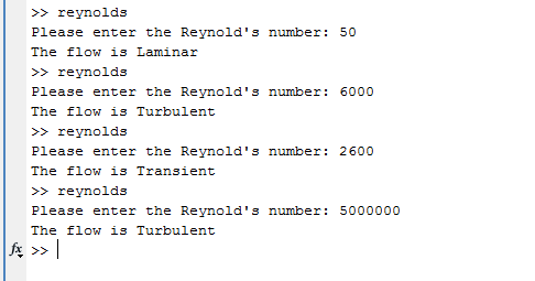 Check whether if the flow is laminar, transitional or turbulent with reynolds numbers using Matlab