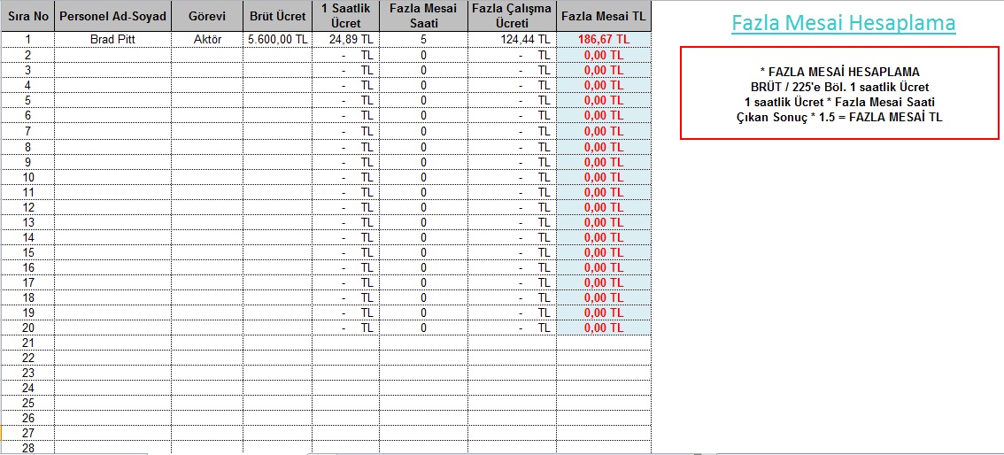 .: Fazla Mesai Takip Çizelgesi