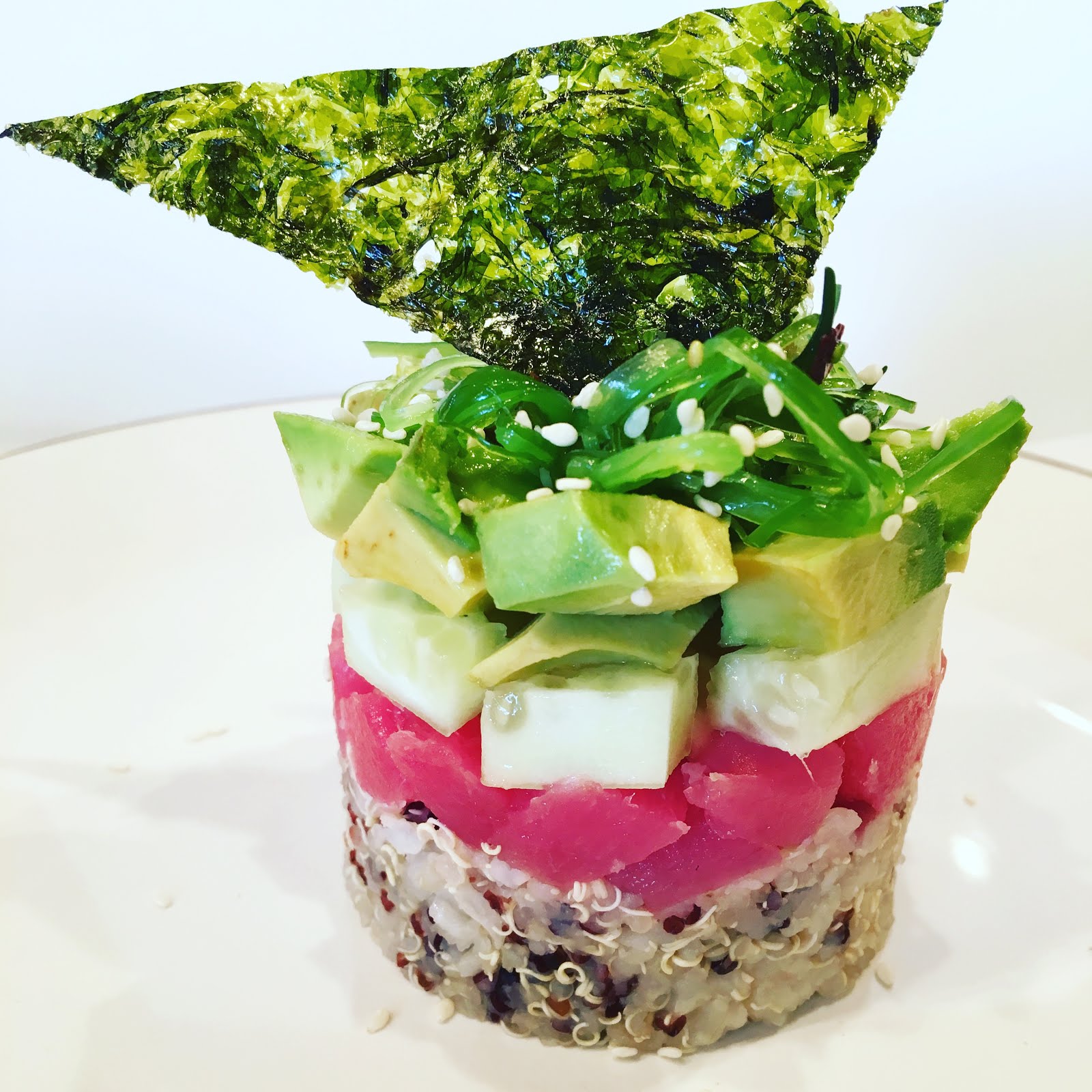 Deconstructed Sushi Tower with Sesame Ginger Miso Dressing