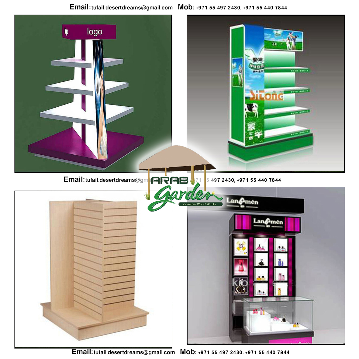 DESIGN AND MANUFACTURER WOODEN DISPLAY STANDS UAE.