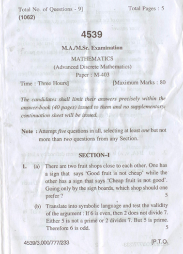 Advanced Discrete Mathematics HPU MA MSc Mathematics 2012 Question ...