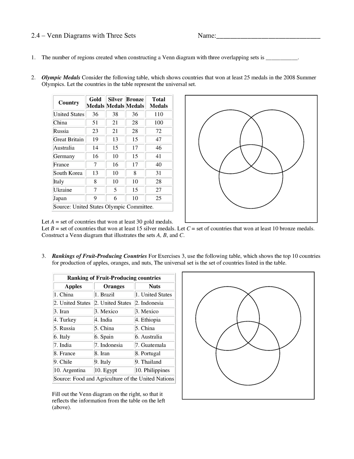Venn Diagram Exercises ~ Certificate Letter