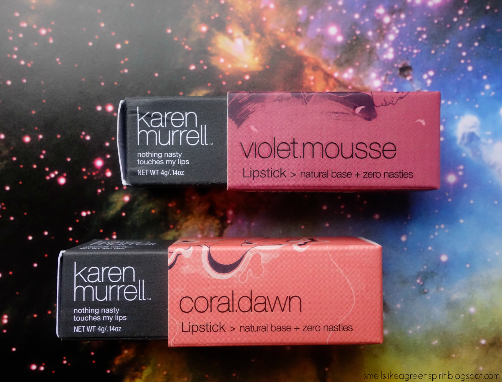 A lipstick a day…Karen Murrell Violet Mousse & Coral Dawn review + swatches