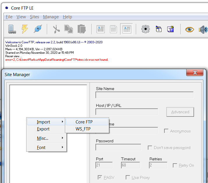 Metadata Consulting [dot] ca: How to import a config file into CoreFTP