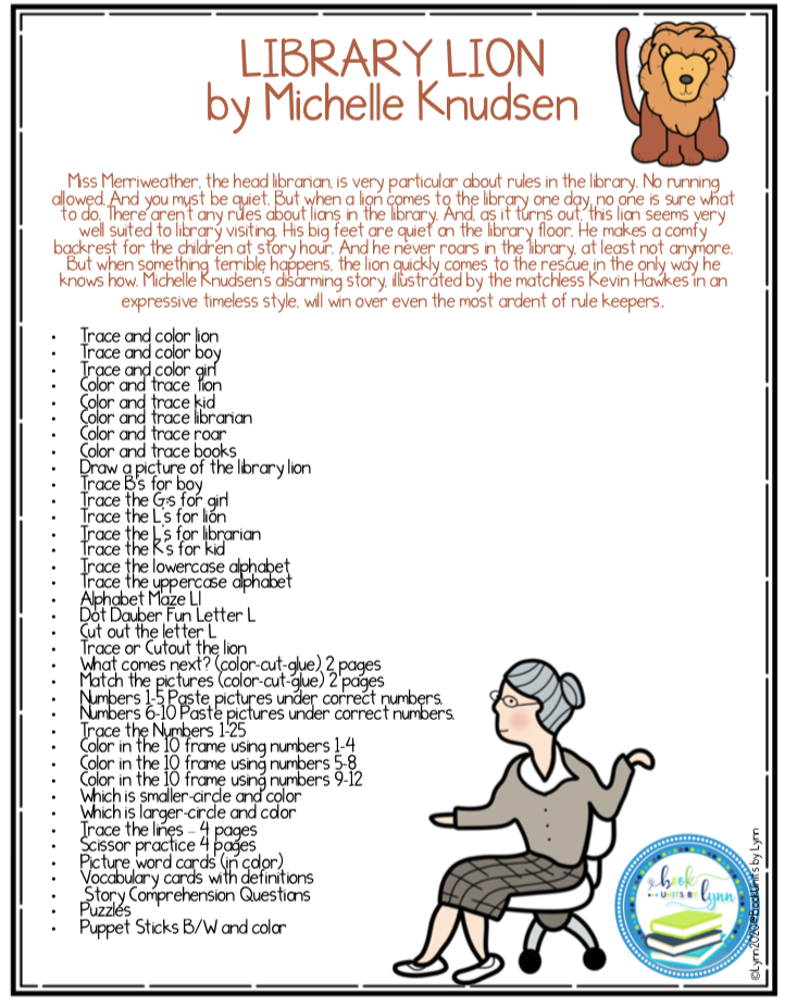 LIBRARY LION BOOK UNIT ~ Book Units by Lynn